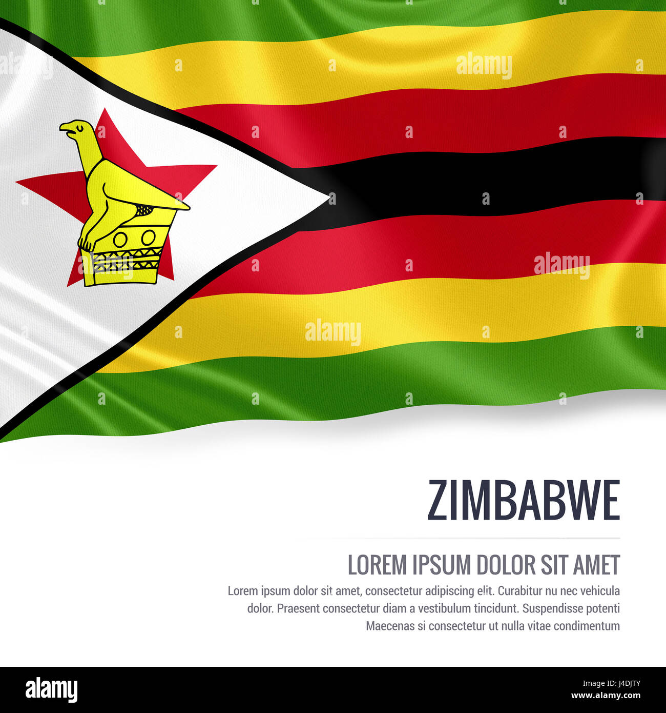 Silky flag of Zimbabwe waving on an isolated white background with the white text area for your ...