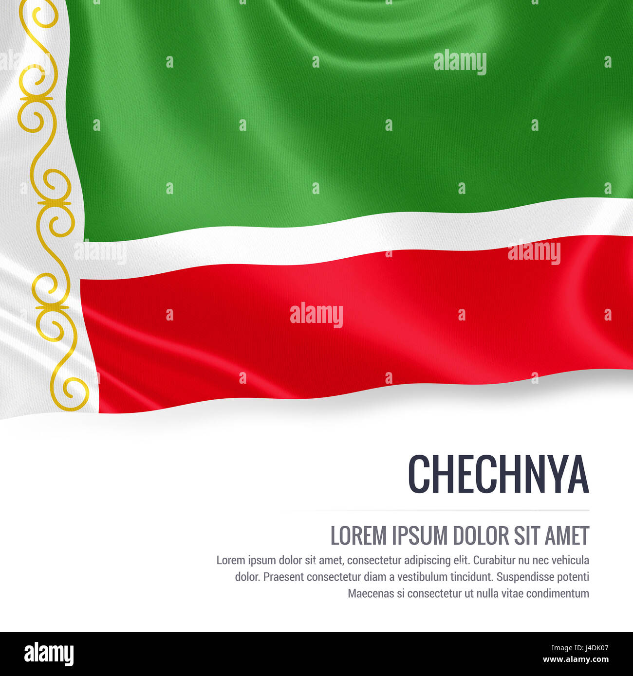 Silky flag of Chechnya waving on an isolated white background with the ...