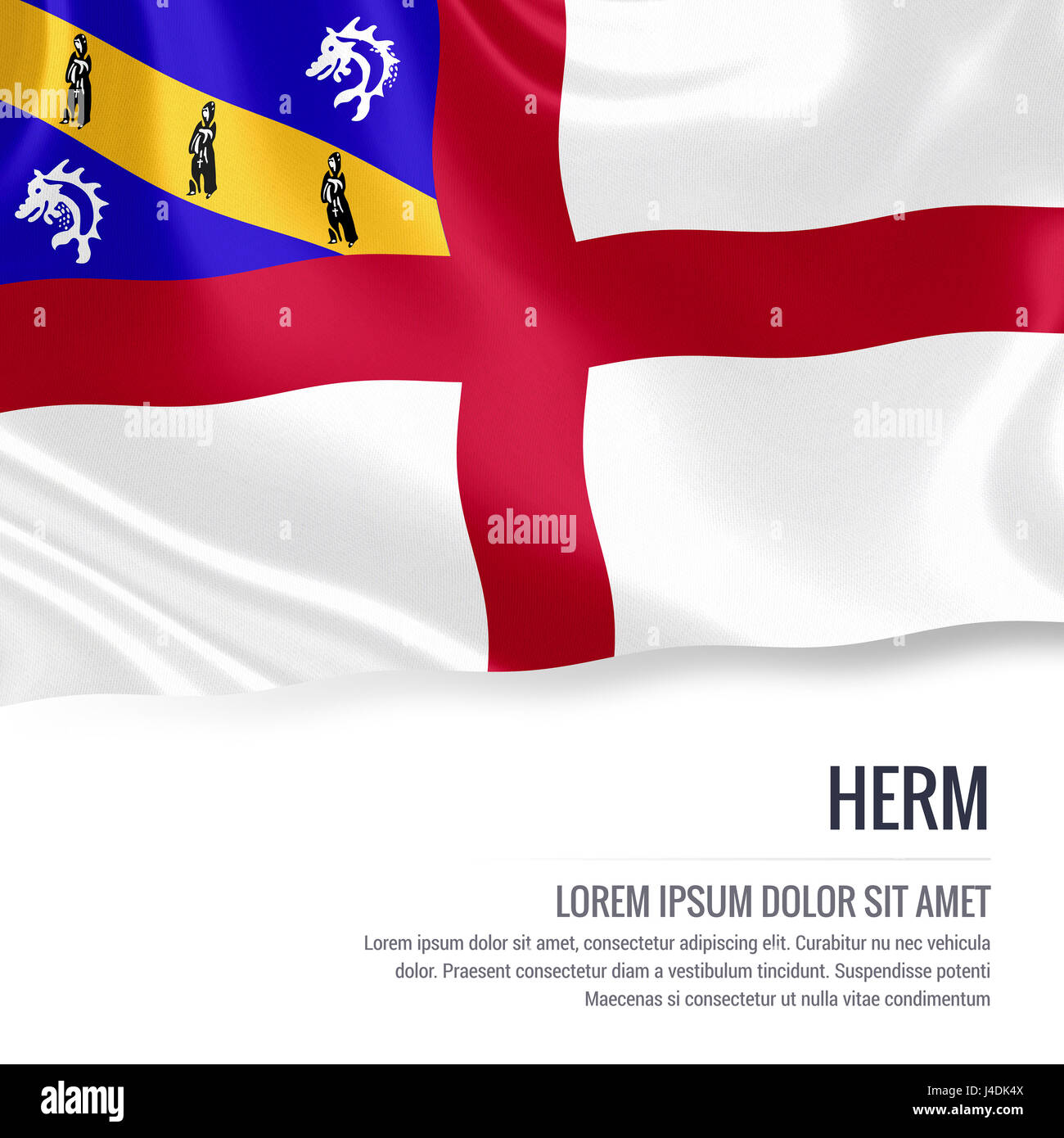 Silky flag of Herm waving on an isolated white background with the ...