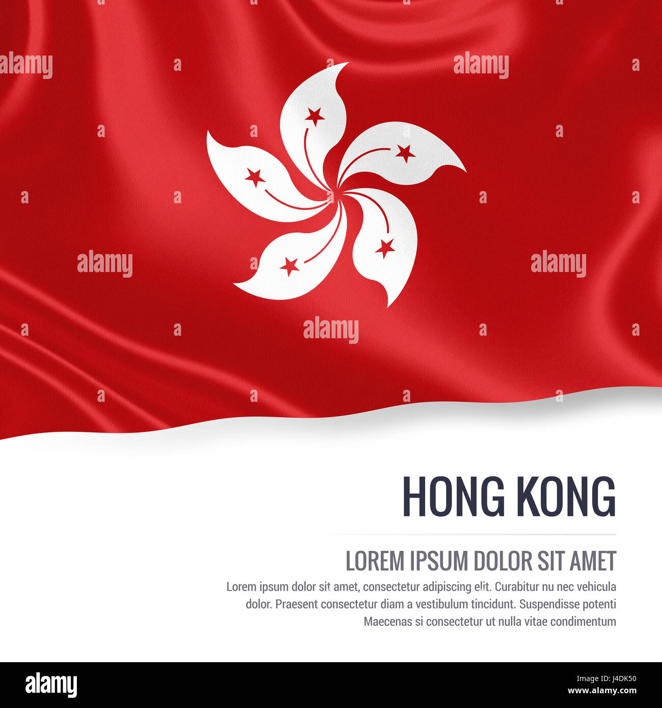 Silky flag of Hong Kong waving on an isolated white background with the white text area for your ...