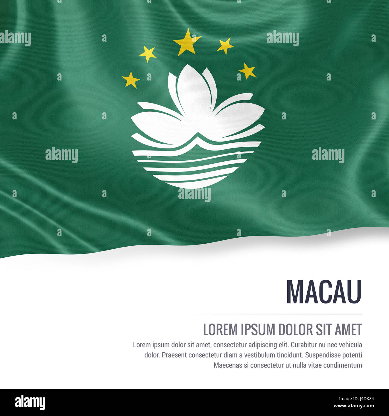 Silky flag of Macau waving on an isolated white background with the ...