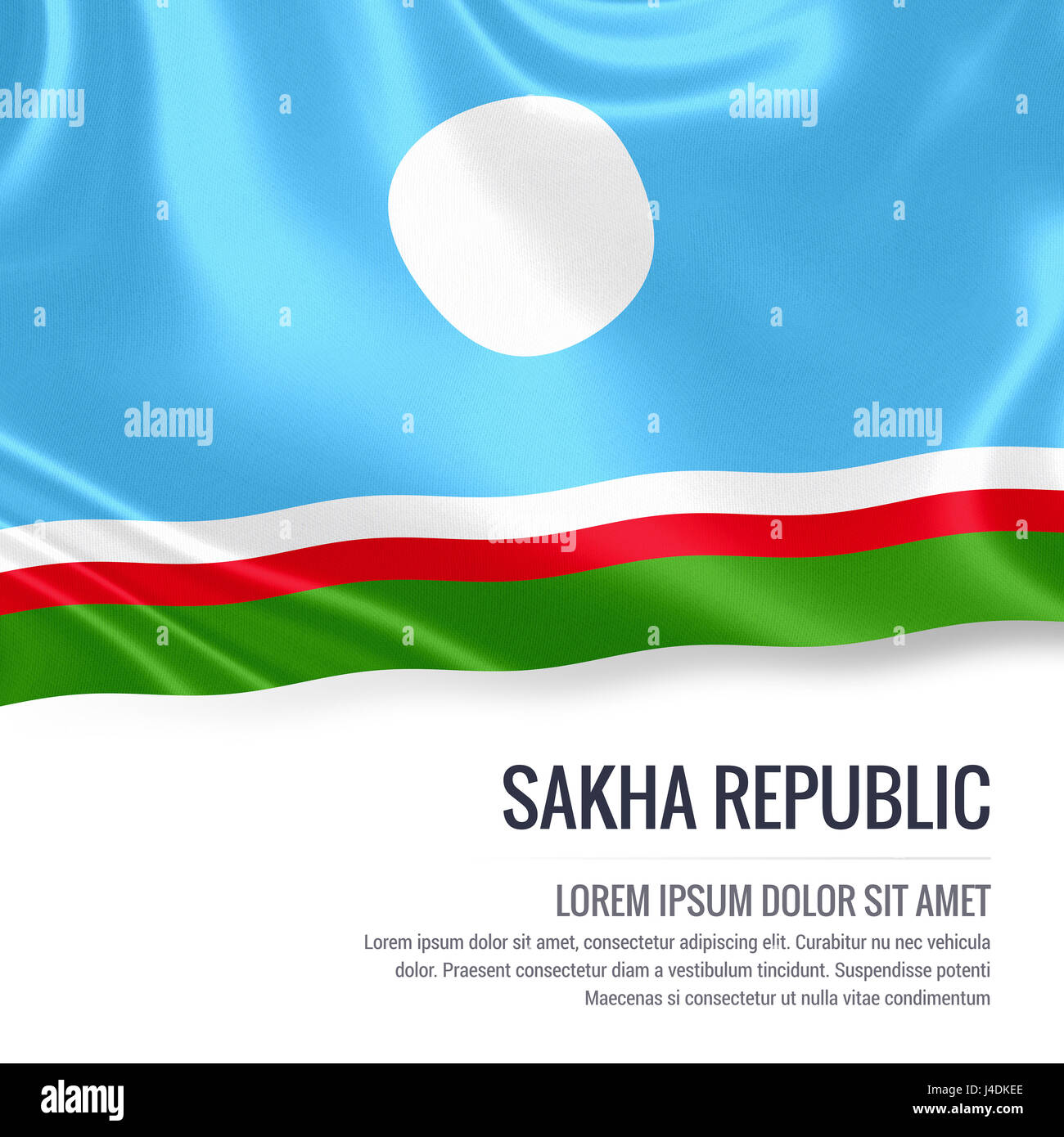 Silky flag of Sakha Republic waving on an isolated white background ...