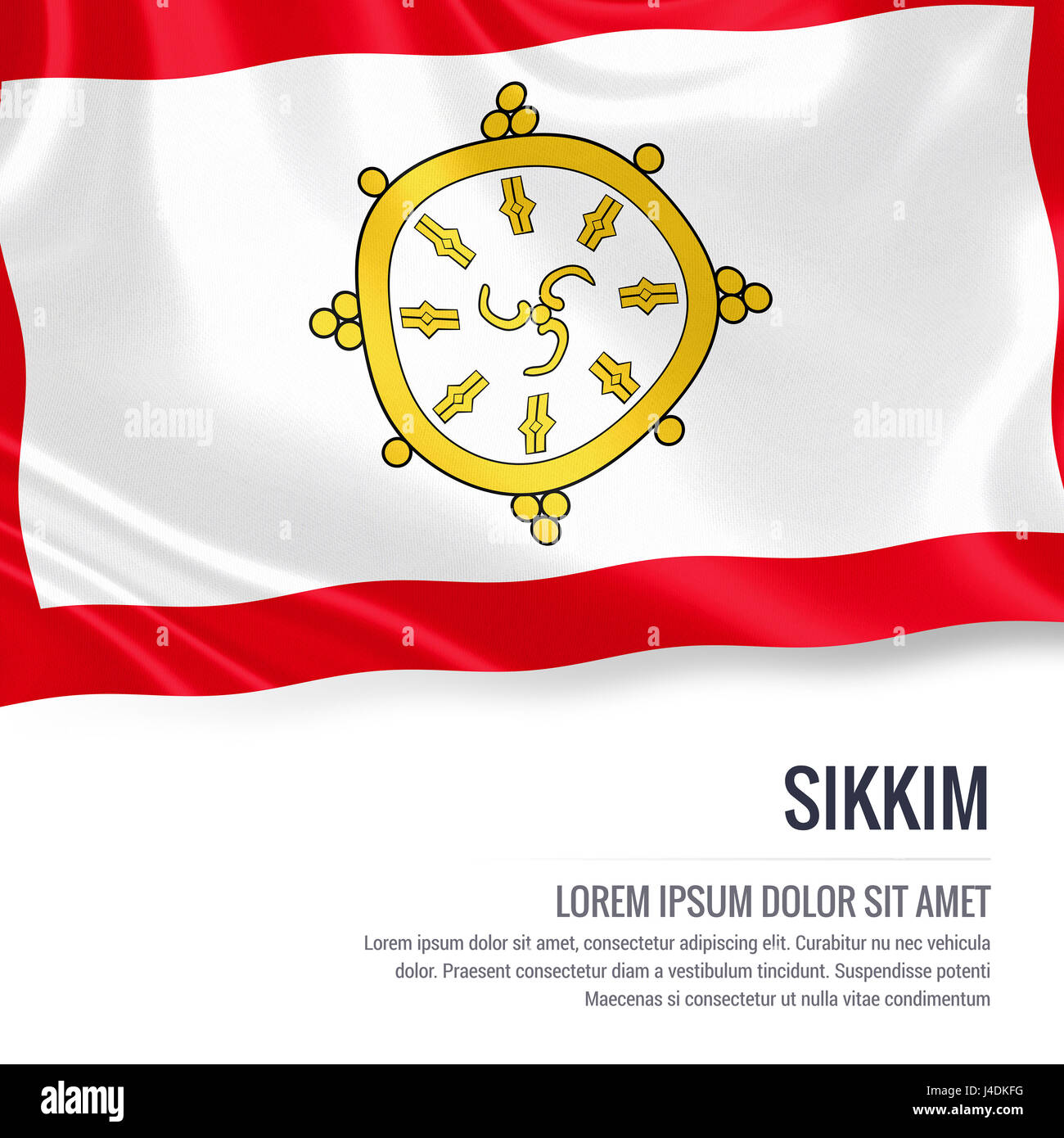 Silky flag of Sikkim waving on an isolated white background with the ...