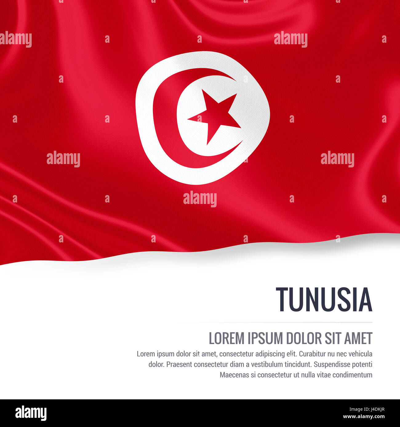 Silky flag of Tunusia waving on an isolated white background with the ...