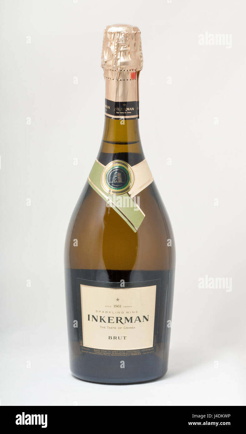 KIEV, UKRAINE - OCTOBER 26, 2014: Inkerman brut sparkling wine bottle ...