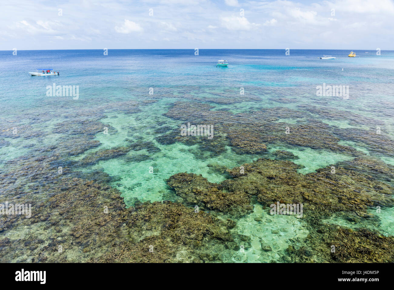 Dive boats in the crystal clear waters just off the Iron Shore of the Roatan barrier Reef in ...