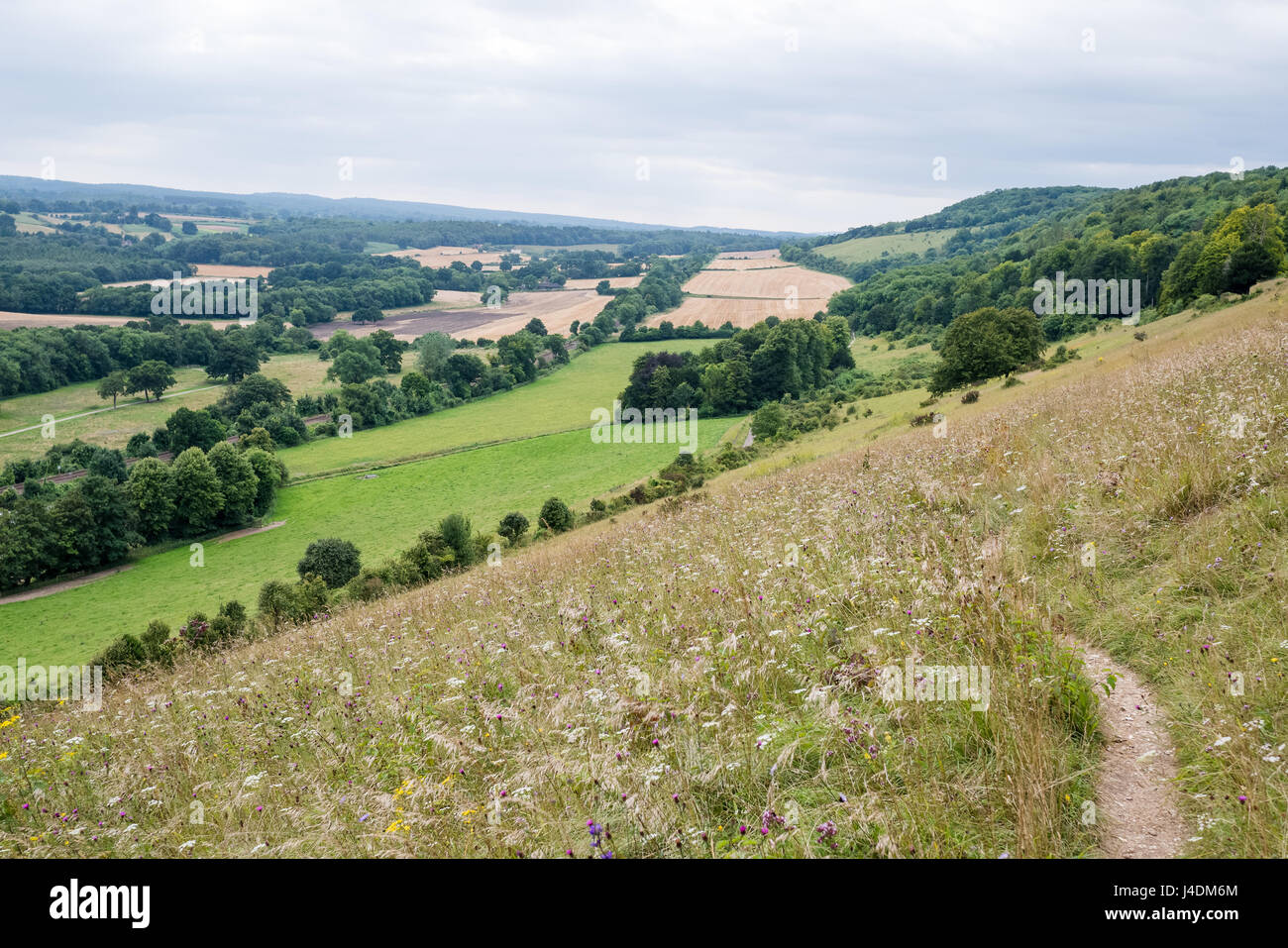 View across farmland and Surrey countryside on the North Downs from the ...