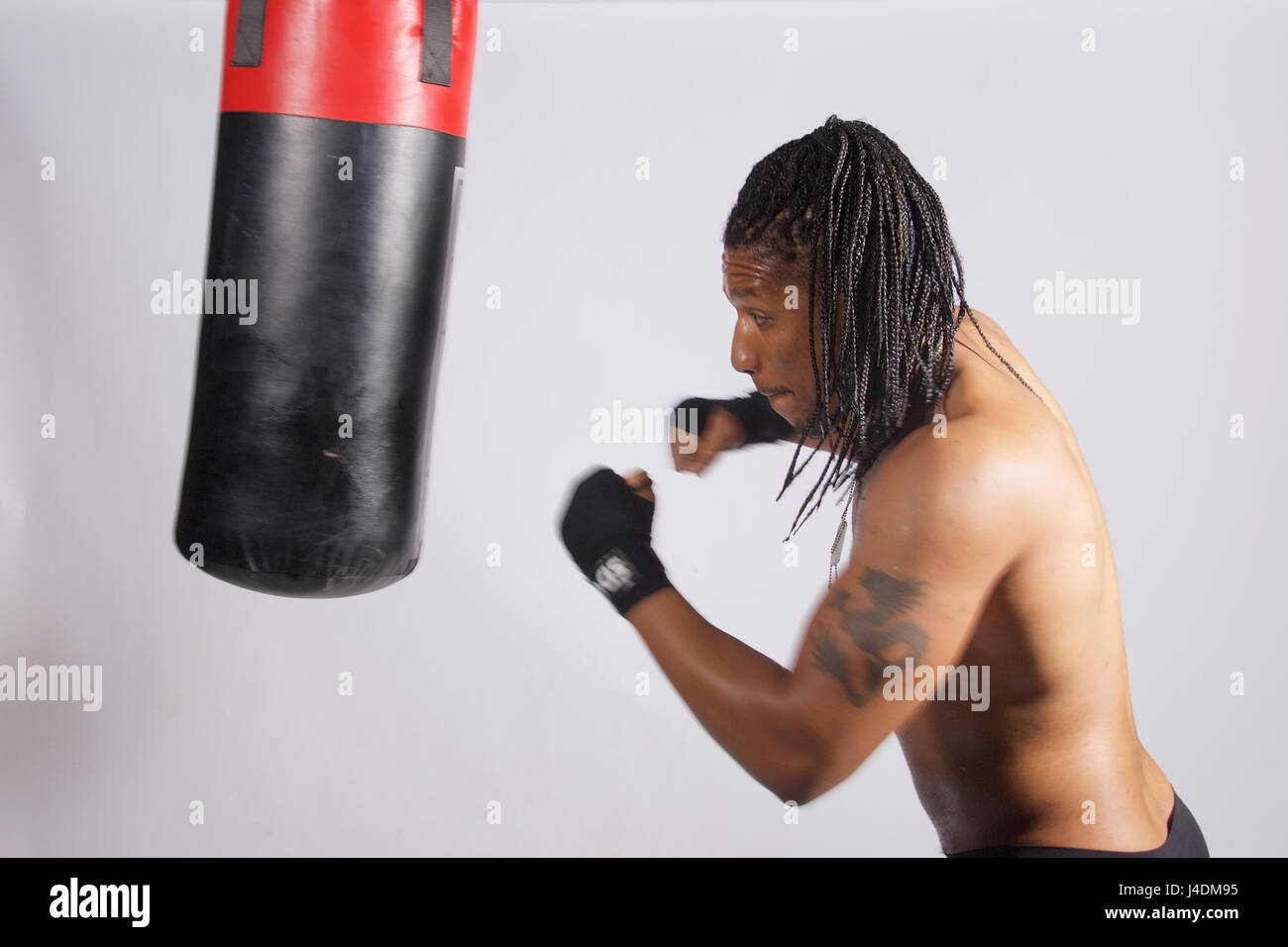 Strong fit black man boxing in a studio with white background Stock ...