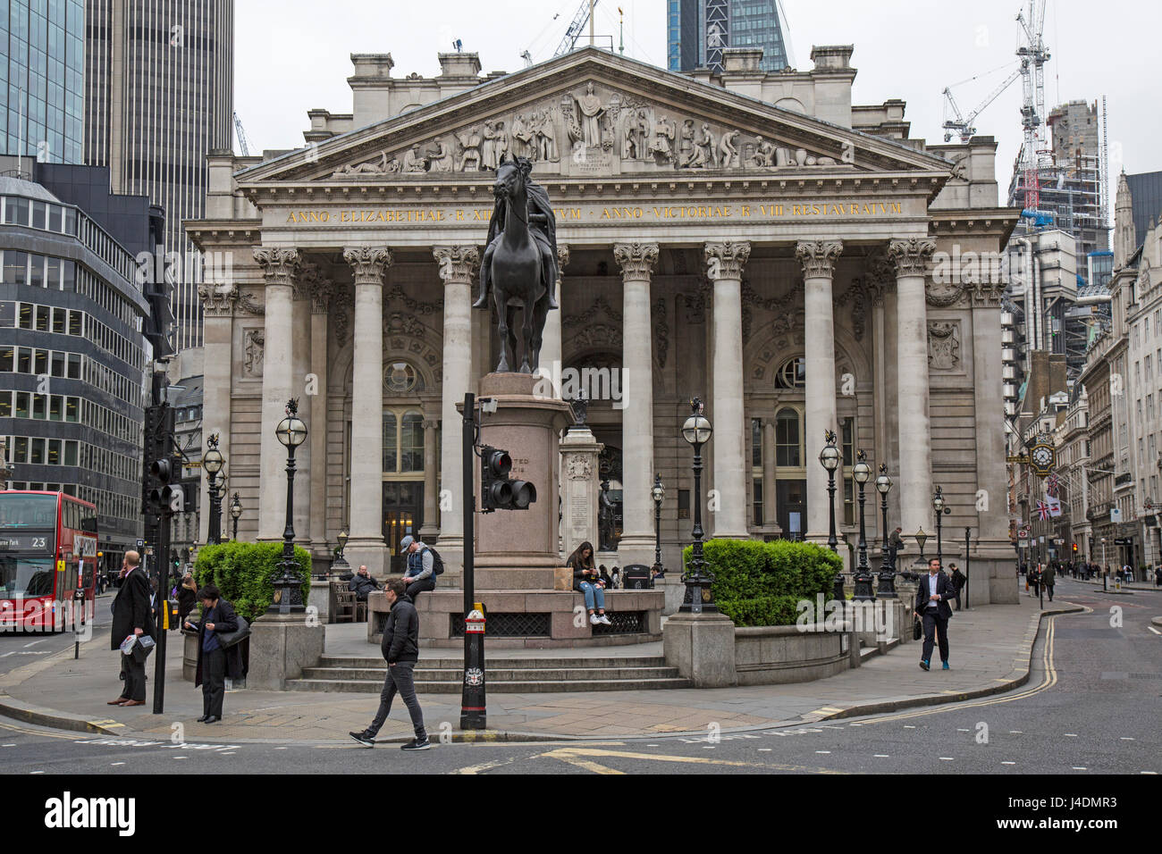 The Royal Exchange in London with the statue of the Duke of Wellington ...