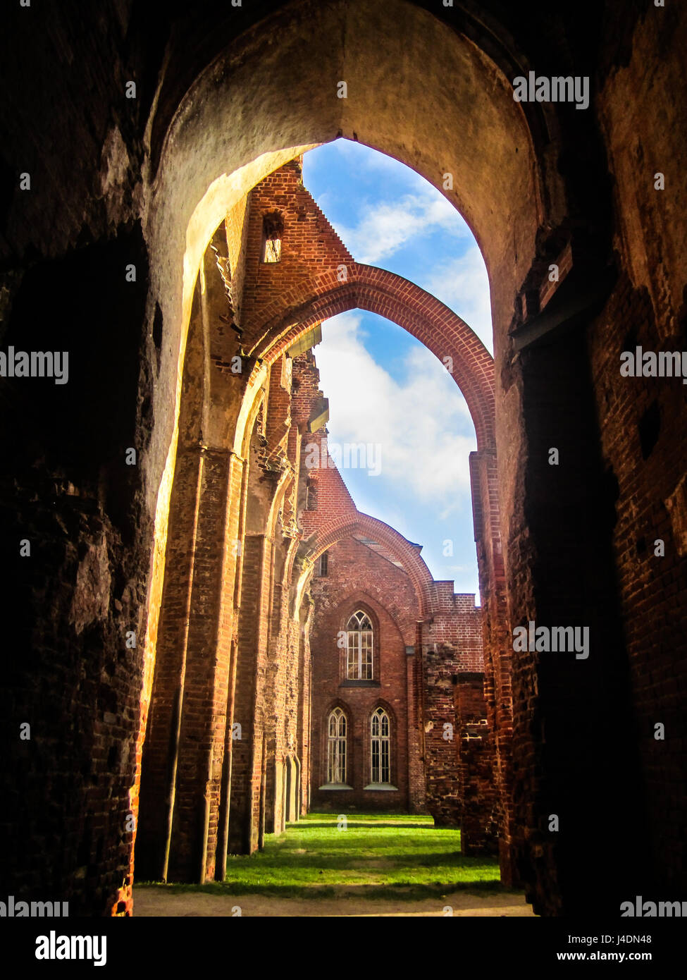 The ruins of the Gothic cathedral of red brick with blue sky and green ...