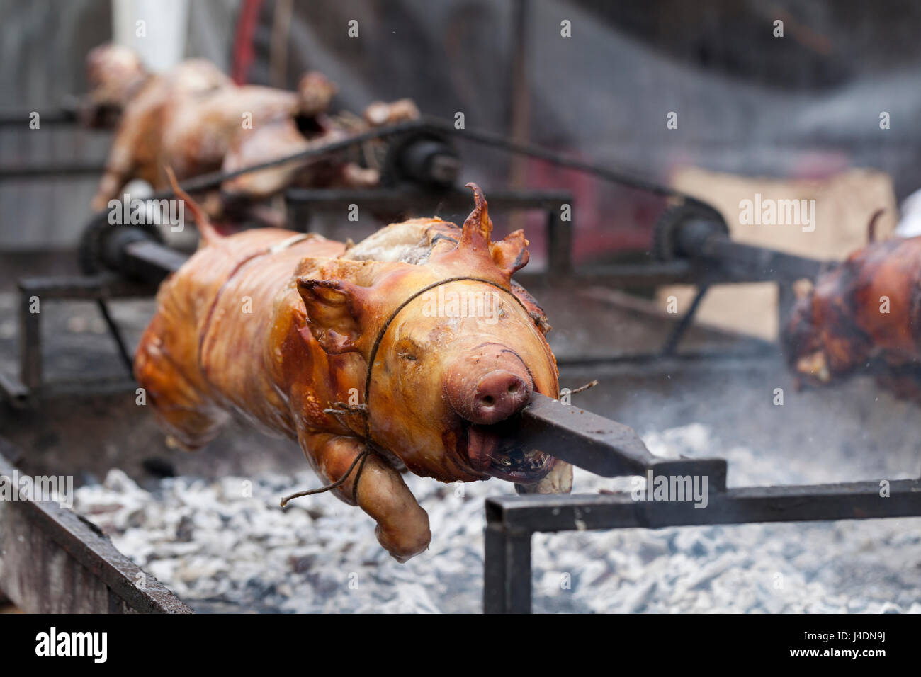 Traditionally suckling pig on a rotating spit with fire and smoke Stock ...