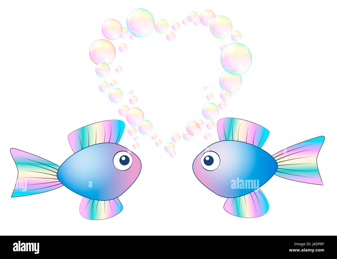 Two cute little fish in love with heart shaped bubbles above them ...