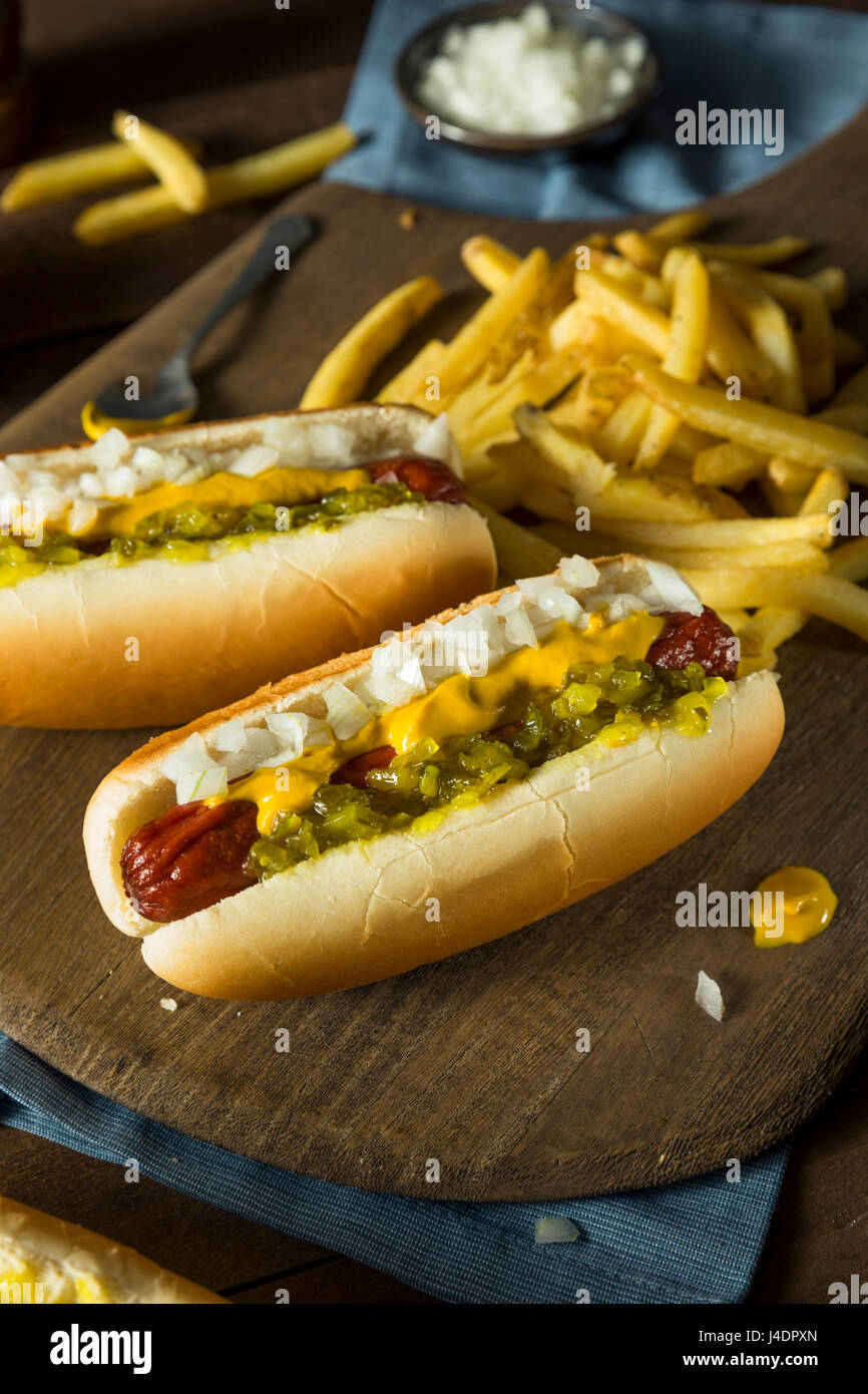 Homemade Deep Fried Hot Dogs with Mustard Onion and Relish Stock Photo ...