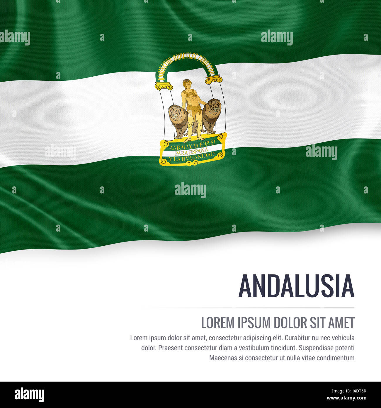 Spanish state Andalusia flag waving on an isolated white background ...