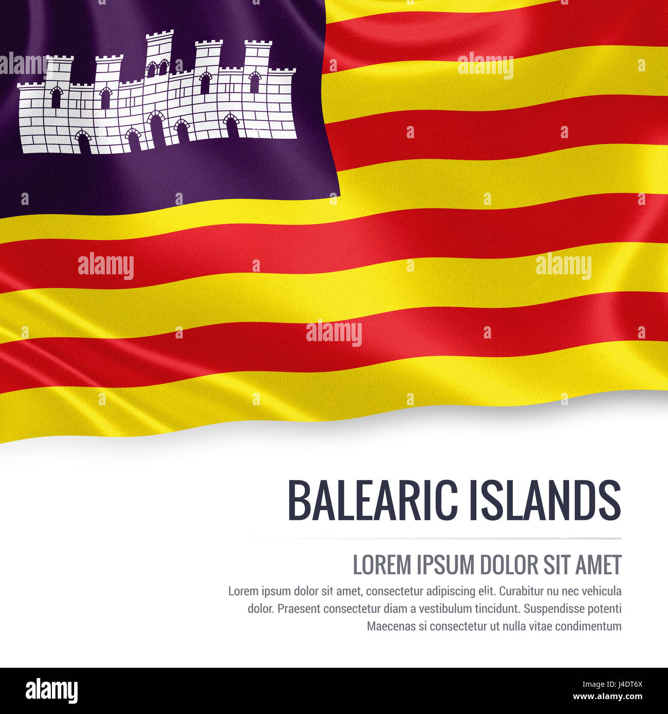 Spanish state Balearic Islands flag waving on an isolated white ...