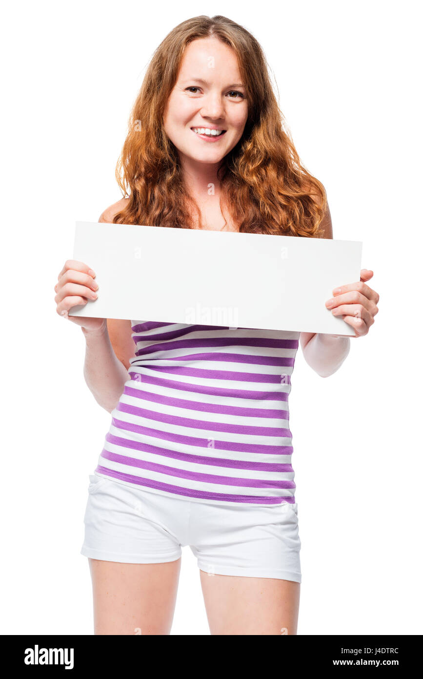 Girl with a poster on a white background isolated Stock Photo - Alamy