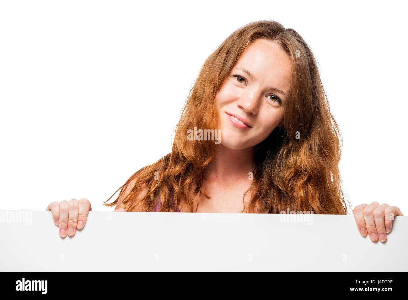 Horizontal portrait of a girl with a white poster for writing Stock ...