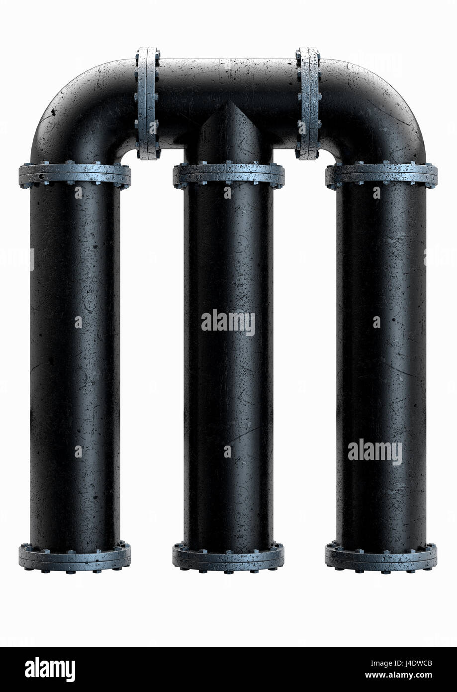 A concept letter M made of PVC pipe with metal joins and flanges with ...