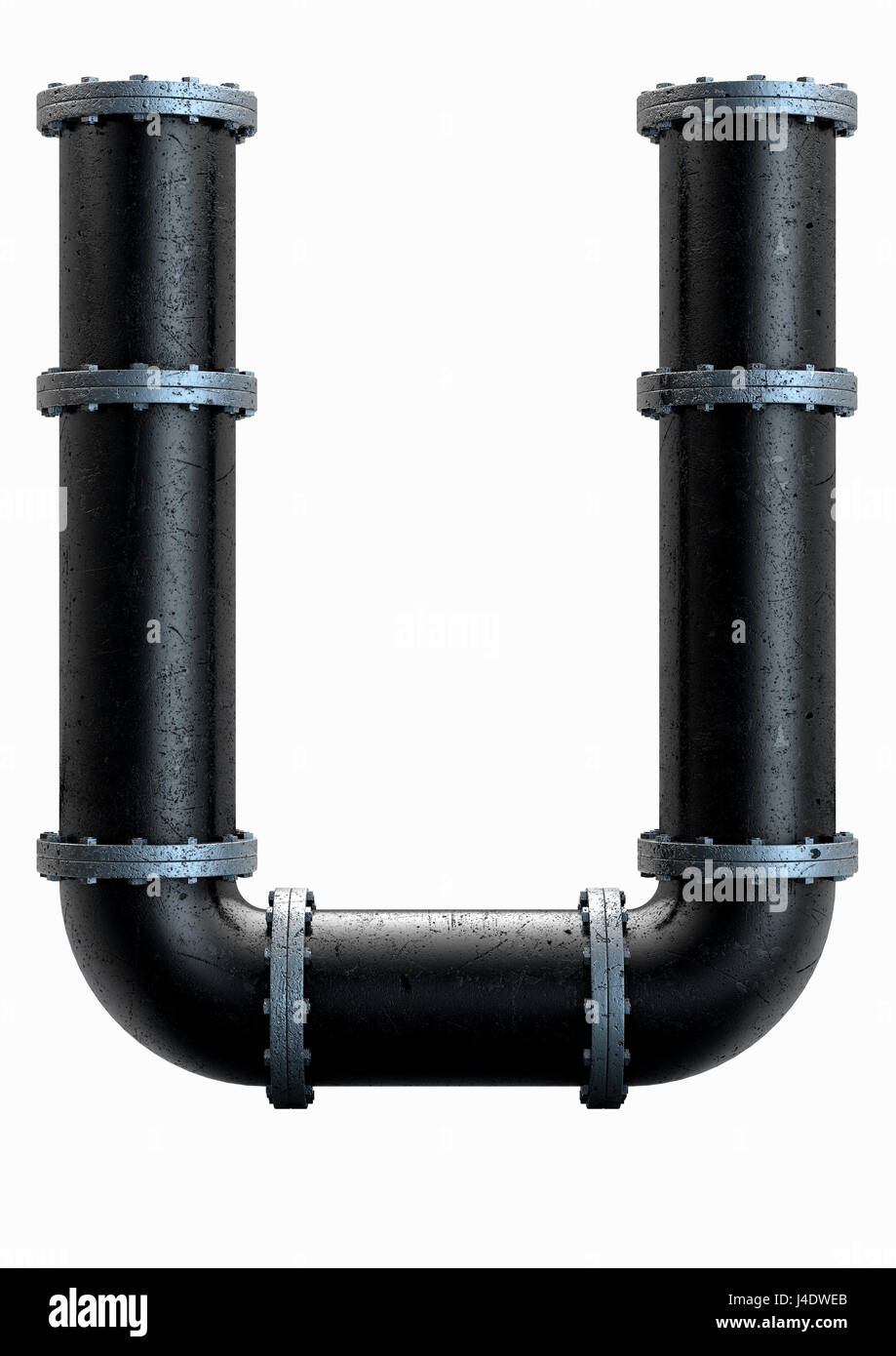 A concept letter U made of PVC pipe with metal joins and flanges with ...