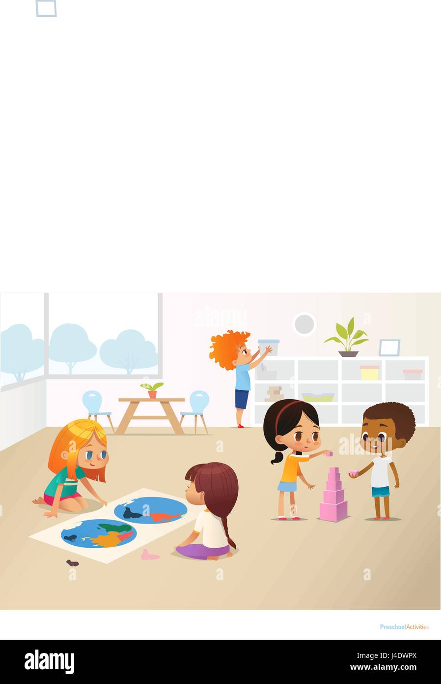 Smiling kids doing different tasks at primary school. Boys and girls ...