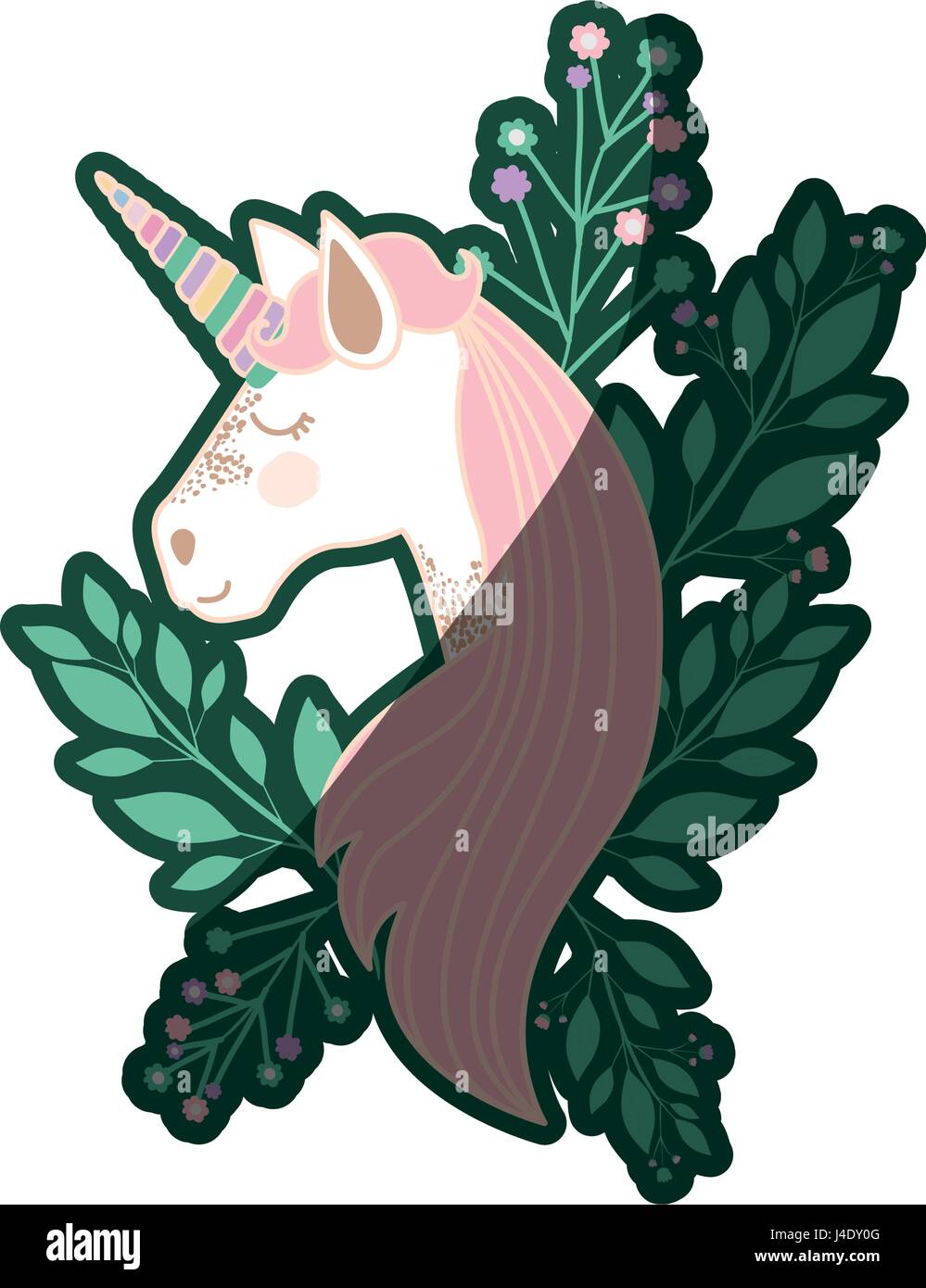 colorful thick contour of unicorn face and floral decoration Stock ...