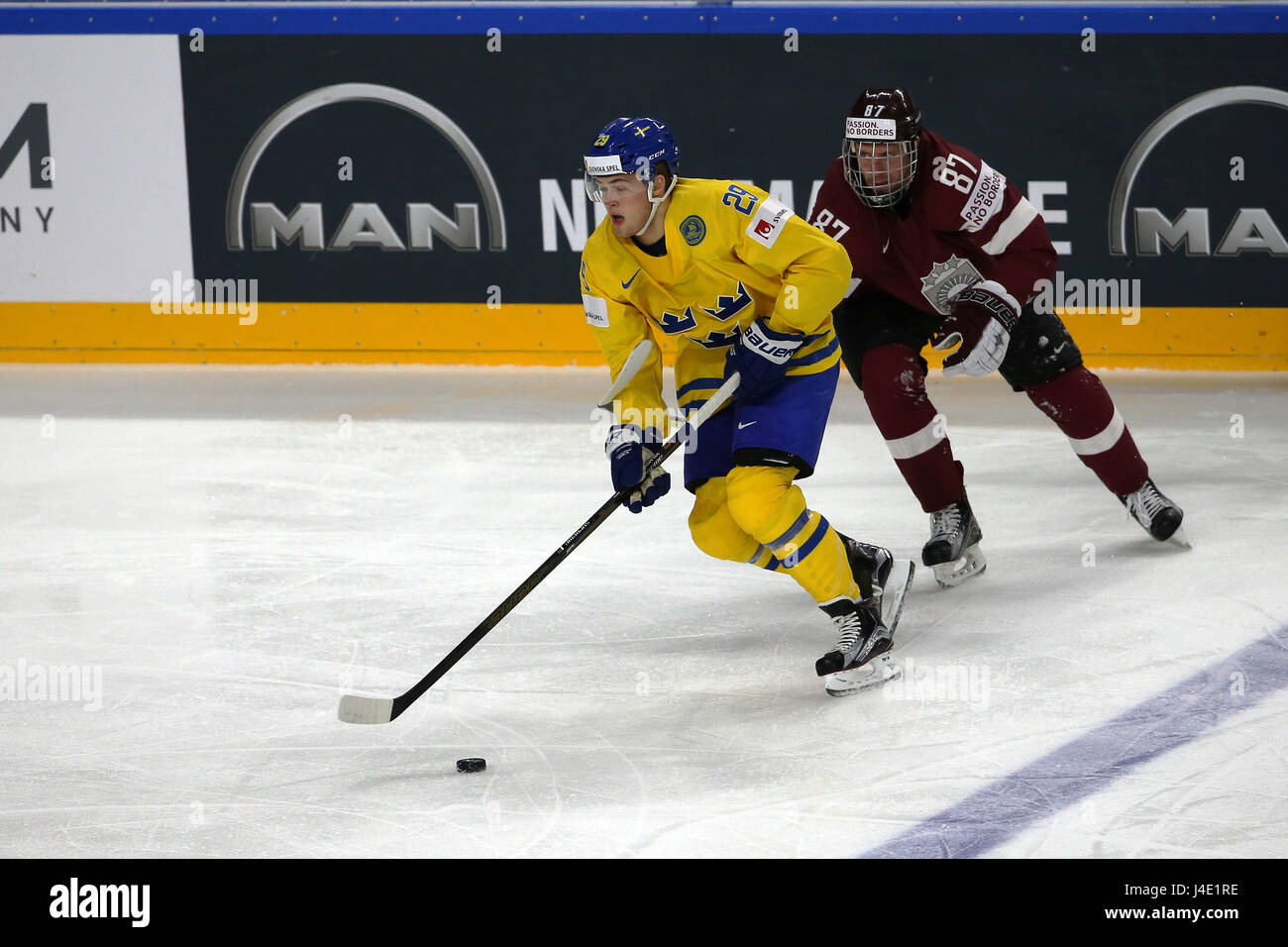 Cologne. 11th May, 2017. Sweden's William Nylander (L) vies with Latvia ...