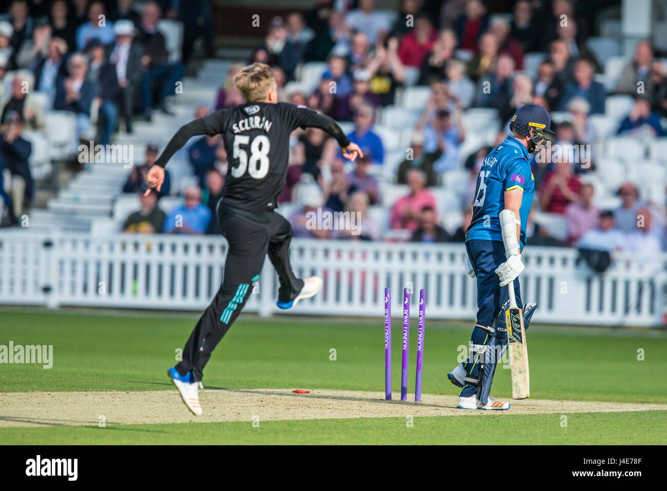 12 May, 2017. Calum Haggett is bowled by Sam Curran. Surrey v Kent in ...