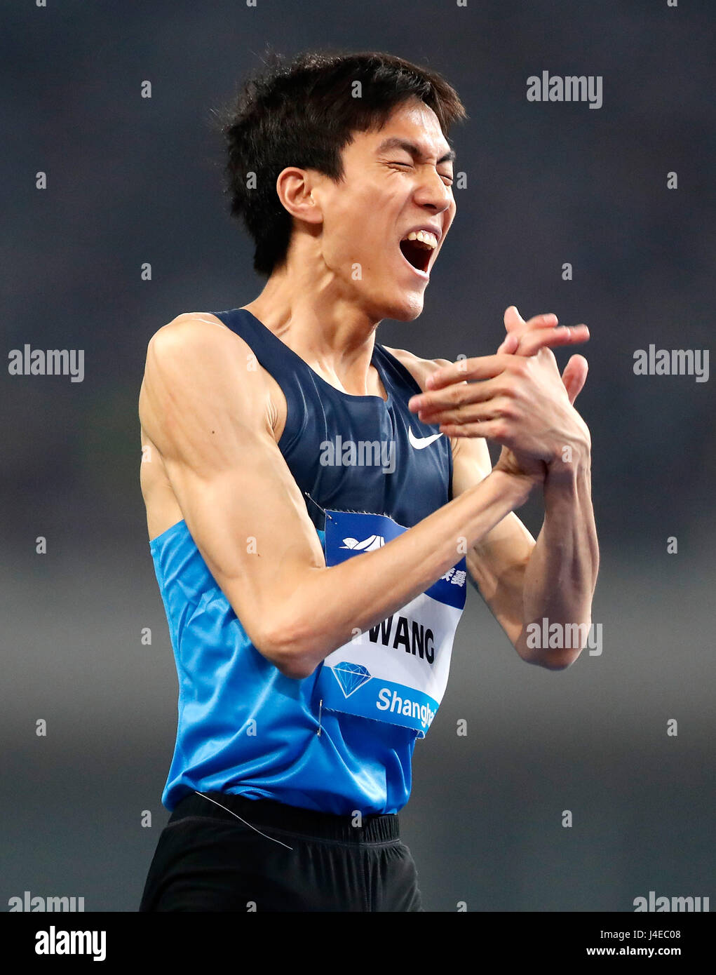Shanghai, China. 13th May, 2017. Wang Yu of China reacts during Men's ...