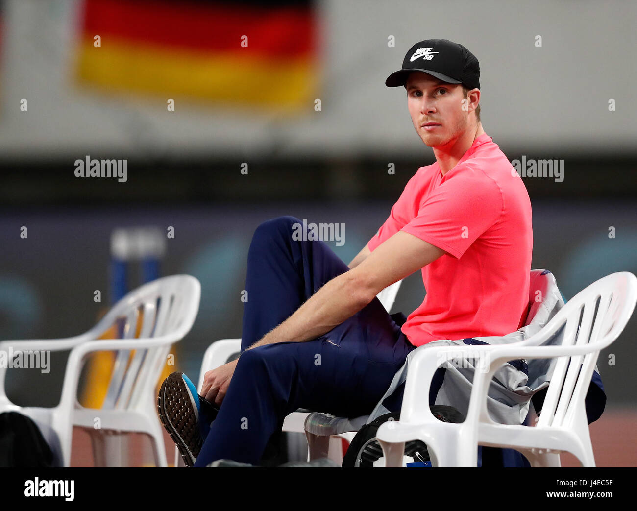Shanghai, China. 13th May, 2017. Derek Drouin of Canada reacts after 3 ...