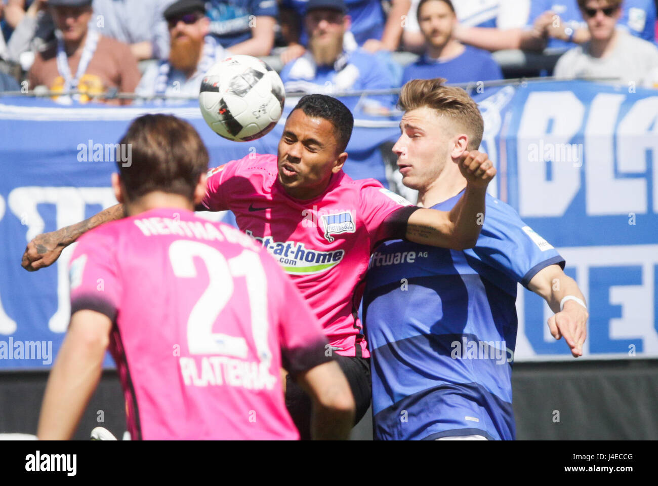 Darmstadt, Germany. 13th May, 2017. Berlin's Allan (l) and Darmstadt's ...