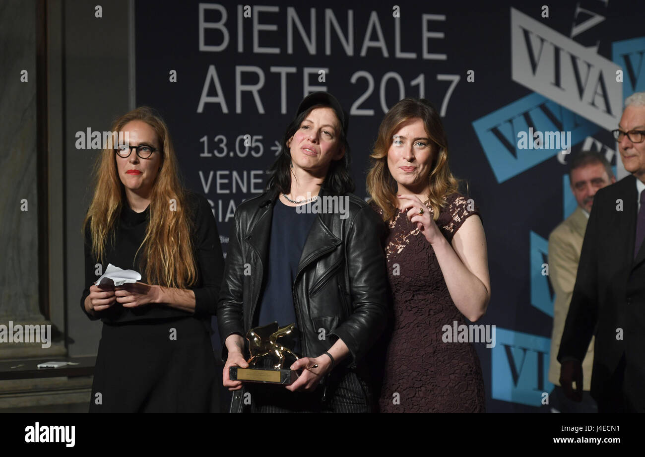 Venice, Italy. 13th May, 2017. Artist Anne Imhof (c), winner of the ...