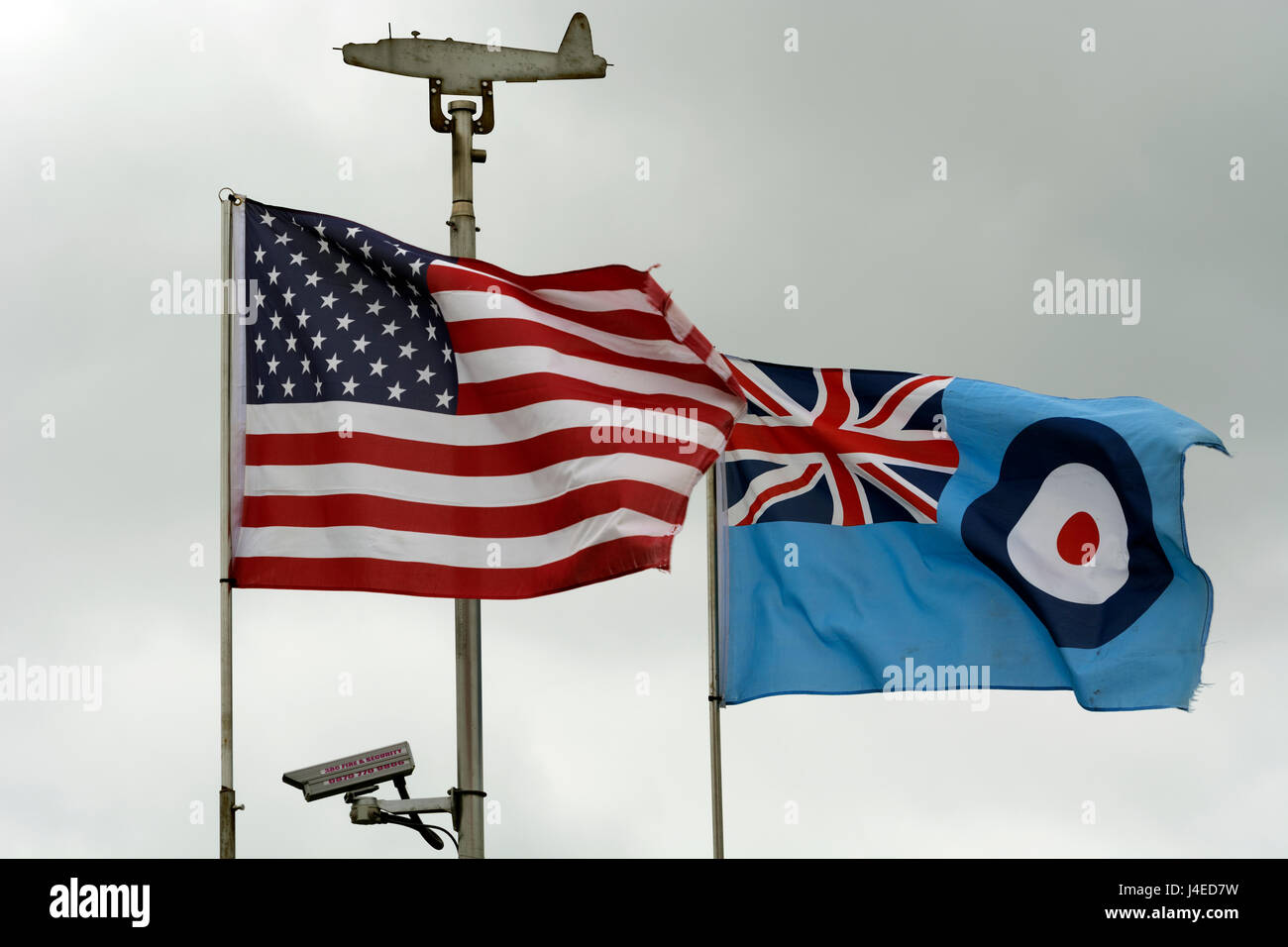 USA and RAF flags at Sywell Aerodrome museum, Northamptonshire, England ...