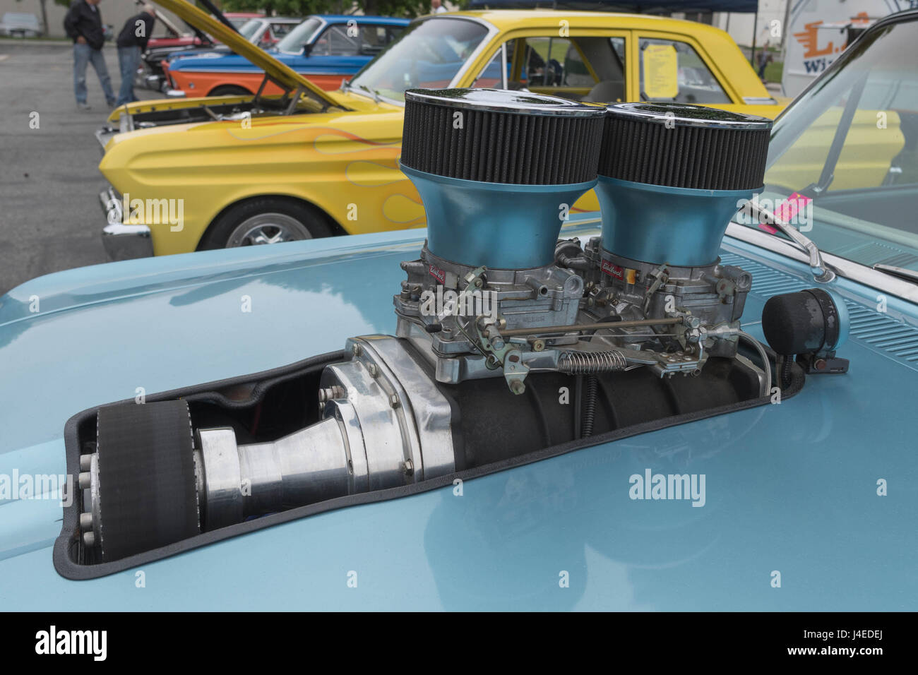 Torrance, USA - May 5 2017: Ford Ranchero engine on display during 12th ...