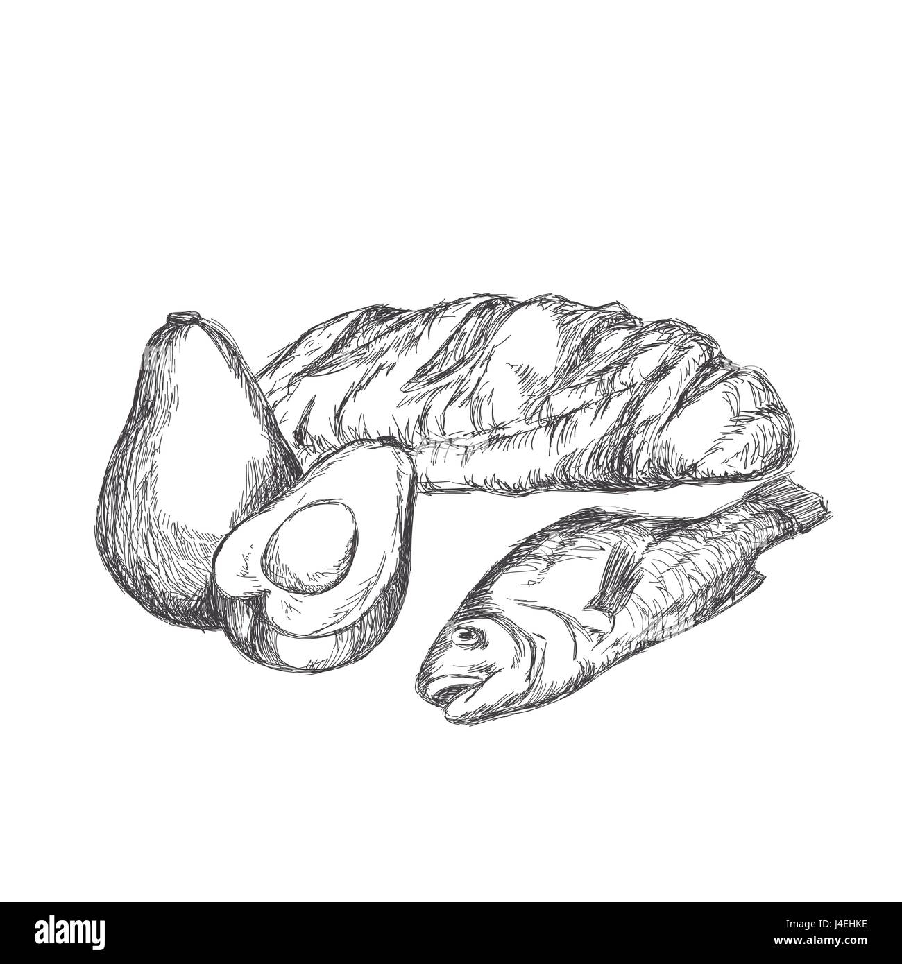 food fish bread and avocado - hand drawn set Stock Vector Image & Art ...