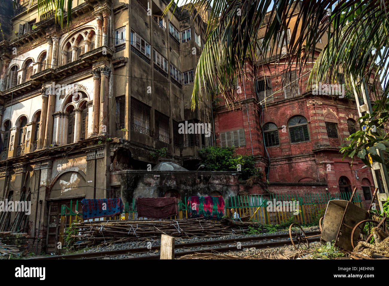 Ancient city landmark with weathered heritage neoclassical buildings ...