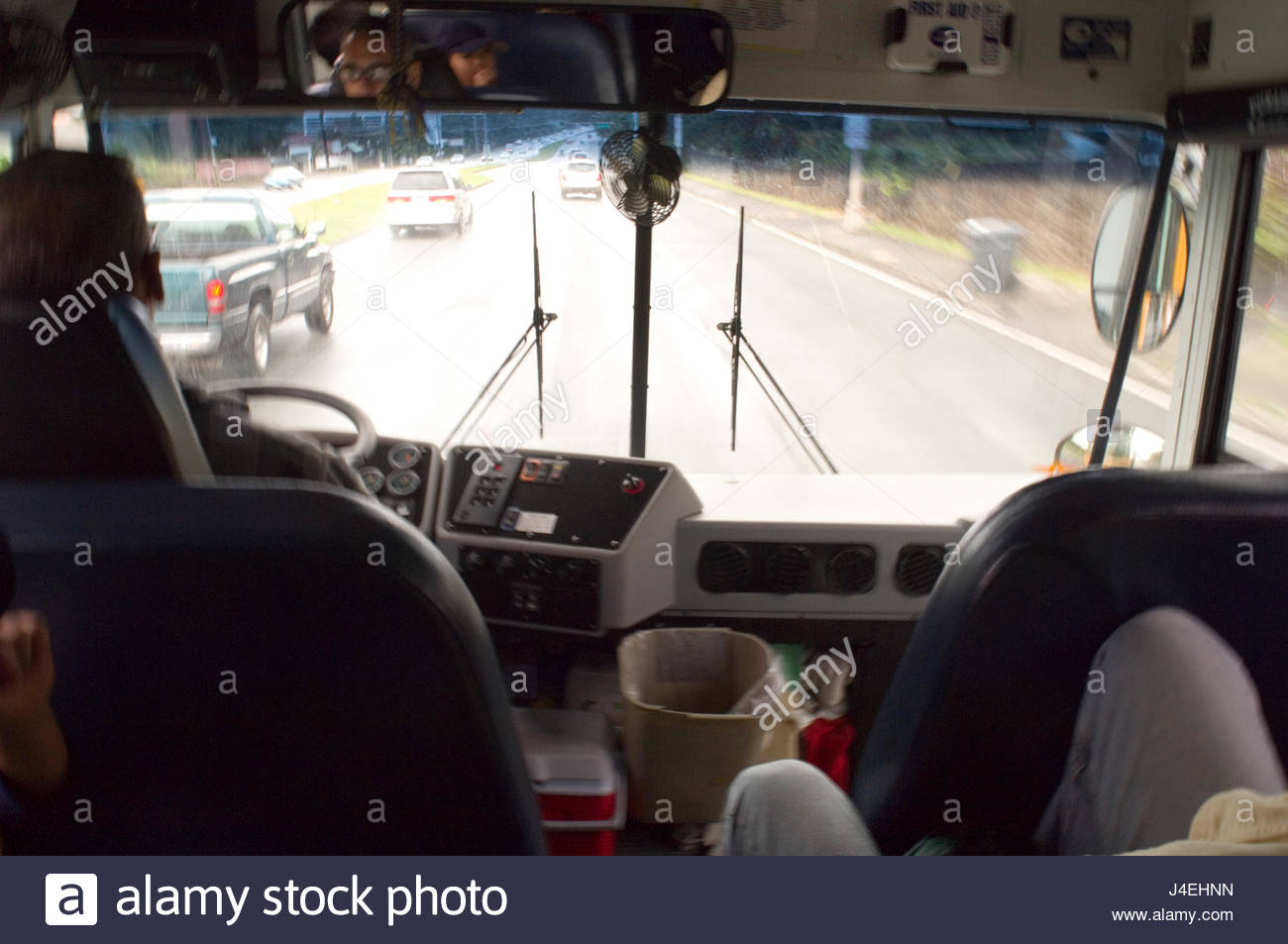 View from inside a school bus driving on the highway Stock Photo ...