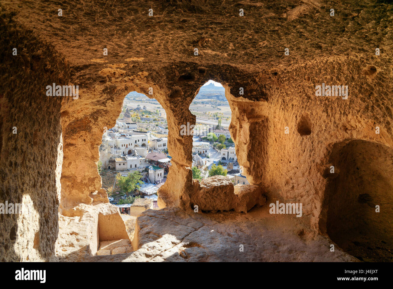 View through carved cave window. Church of St. John the Baptist ...