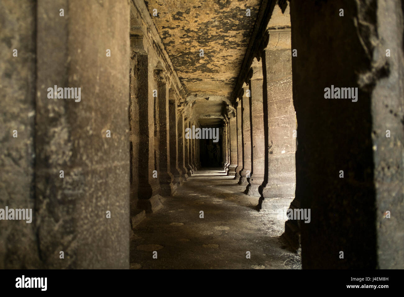 Pillared corridor at the Kailash Temple in Ellora, India Stock Photo ...