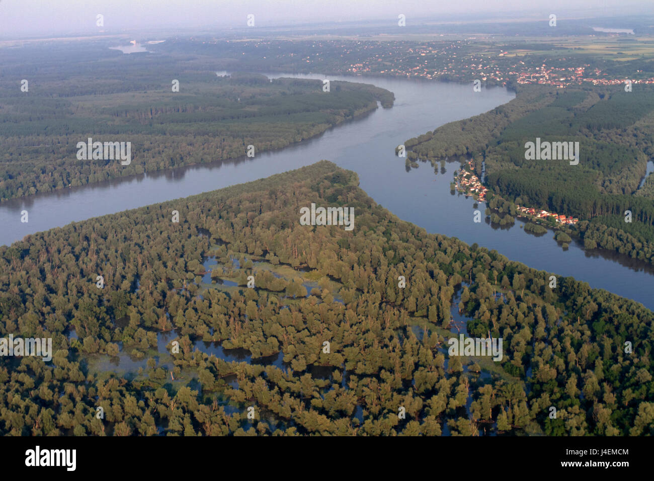 The aerial view of the confluence of the Drava and Danube rivers Stock ...