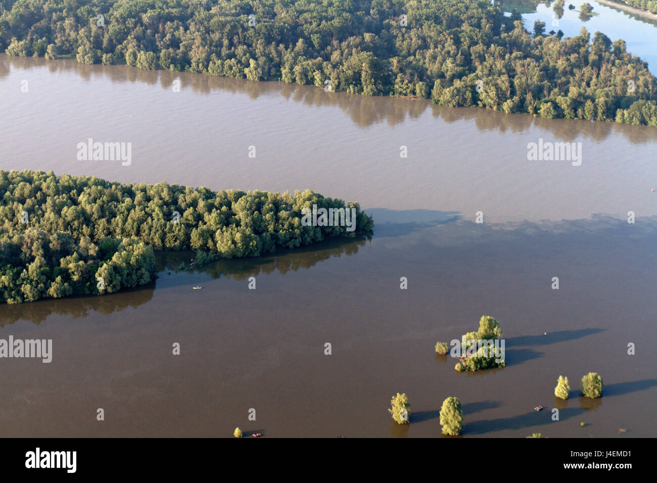 The aerial view of the confluence of the Drava and Danube rivers Stock ...