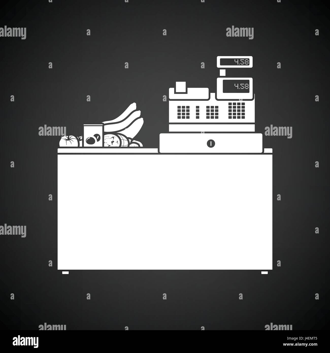 Supermarket store counter desk icon. Black background with white ...