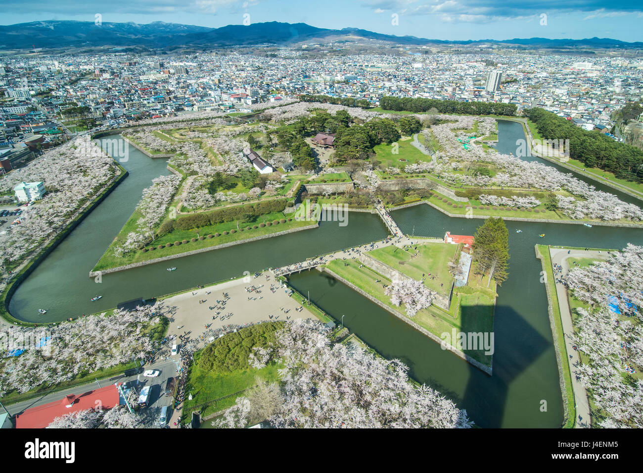 Star shaped Fort Goryokaku in the cherry blossom, Hakodate, Hokkaido ...