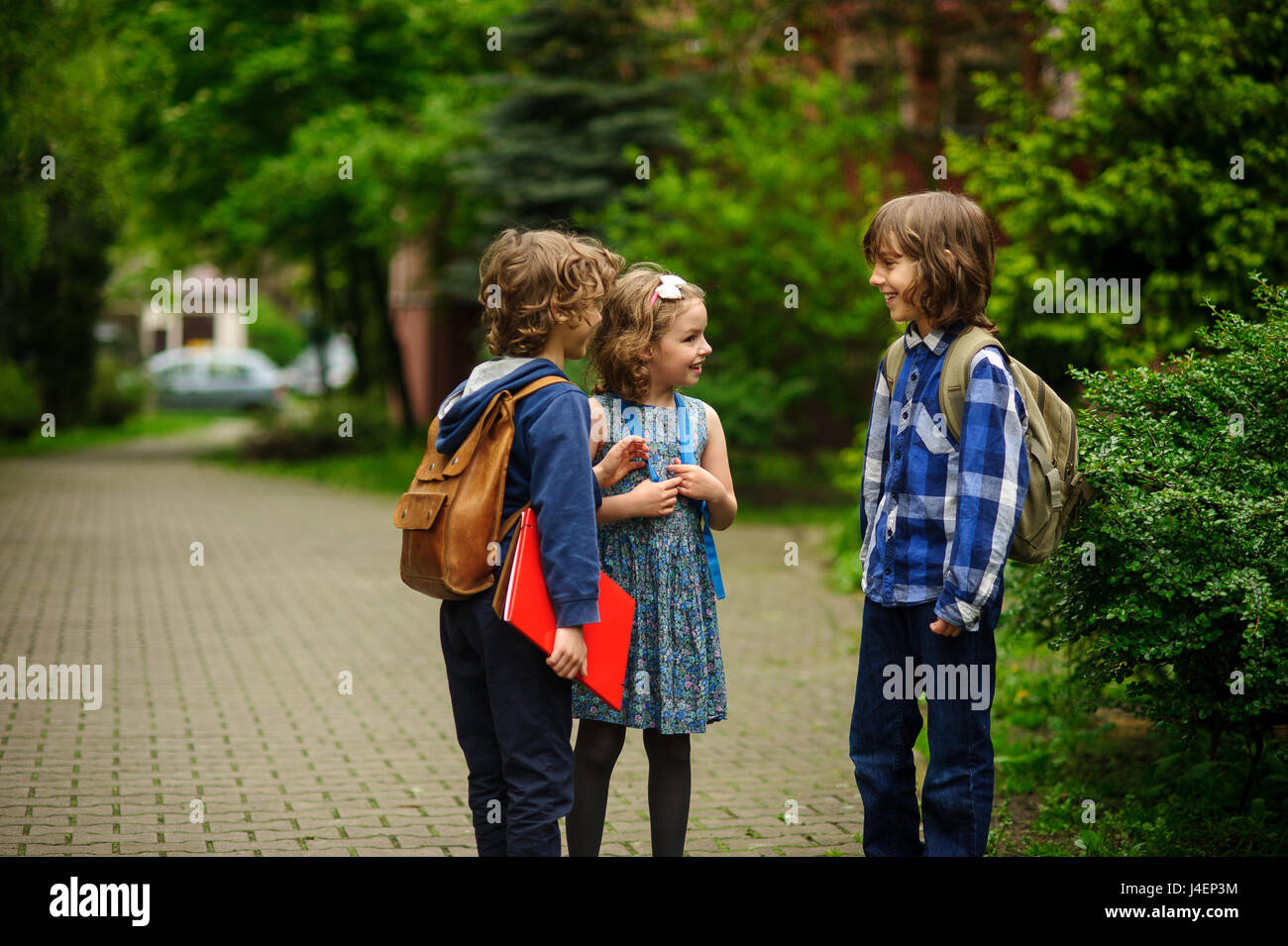 Little school students briskly talk on the schoolyard. Children have a ...