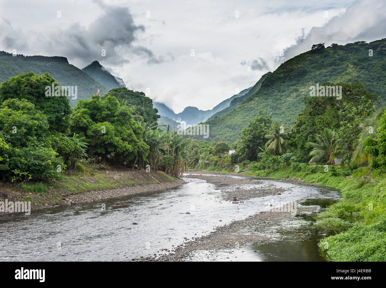 Paea River with dramatic mountains in the background, Tahiti, Society ...