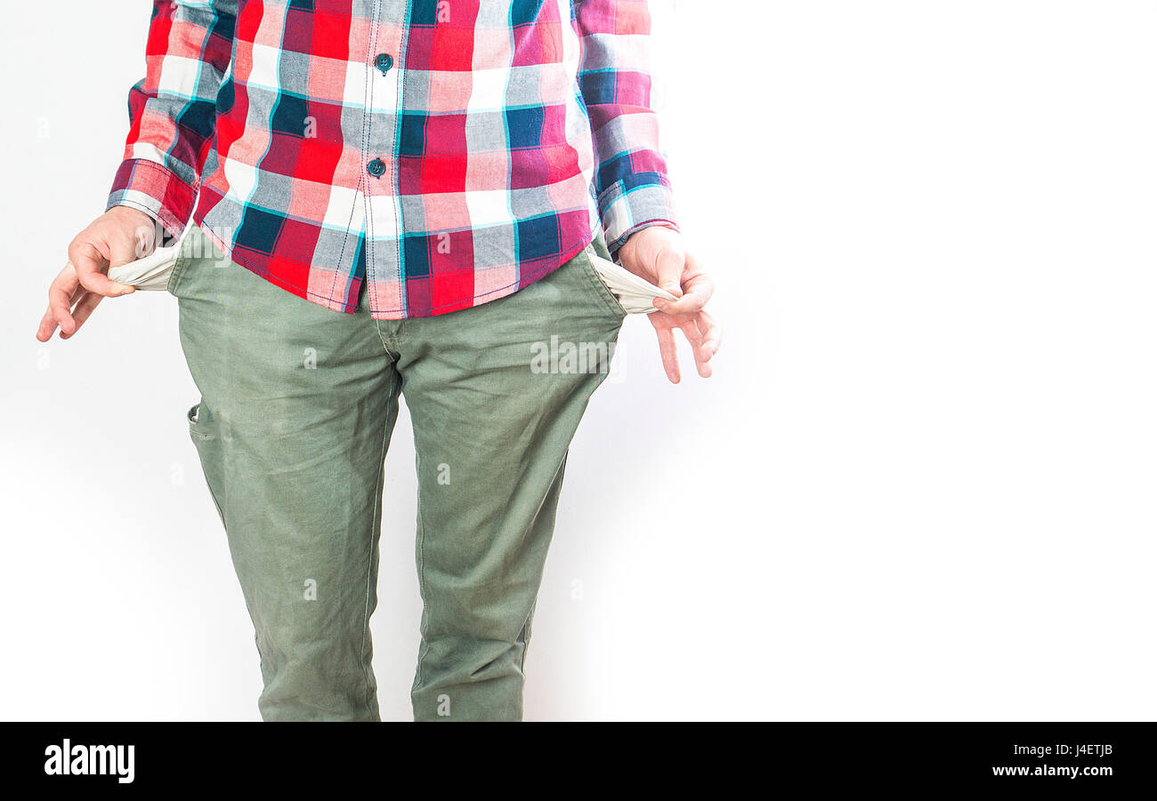 Guy on a white background with empty pockets, without money Stock Photo ...