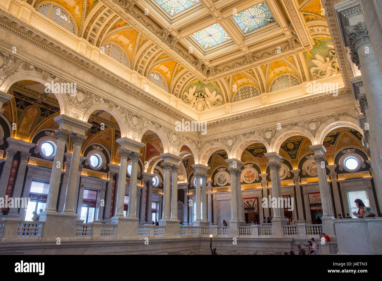 Stained glass skylight and marble columns in the Thomas Jefferson ...