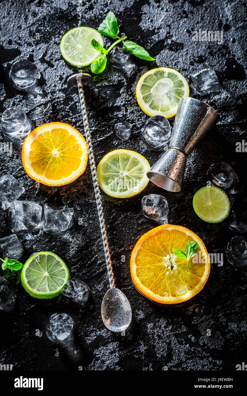 Bartender ingredients to make a cold drink Stock Photo - Alamy