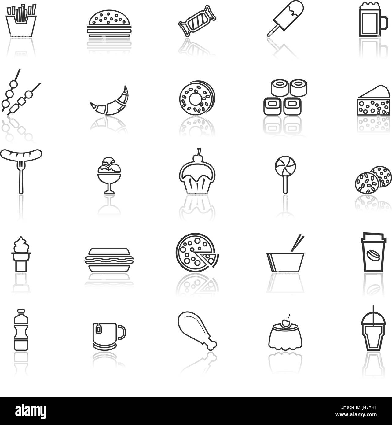Fast food line icons with reflect on white background, stock vector ...