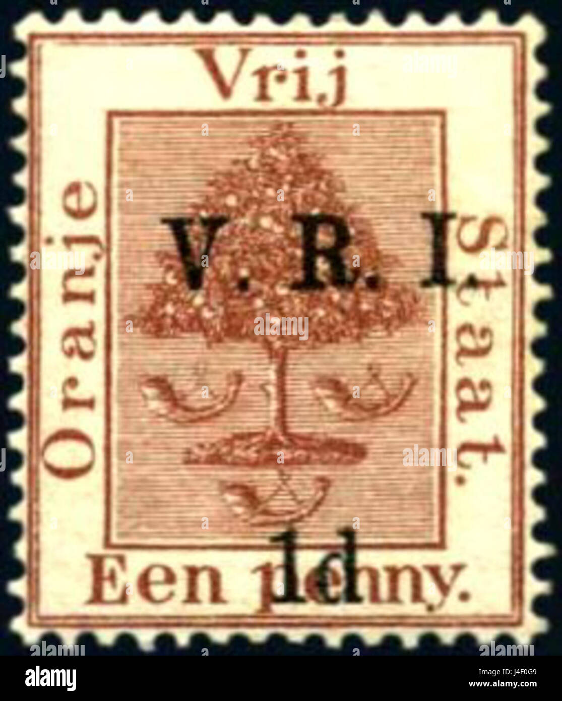 A stamp from the Orange Free State, issued in 1900, featuring a V.R.I ...