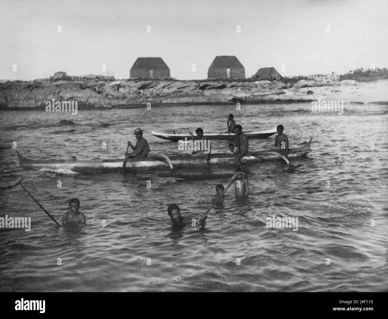 Outrigger canoes and men fishing 1885 taken by Francis Sinclair Stock ...